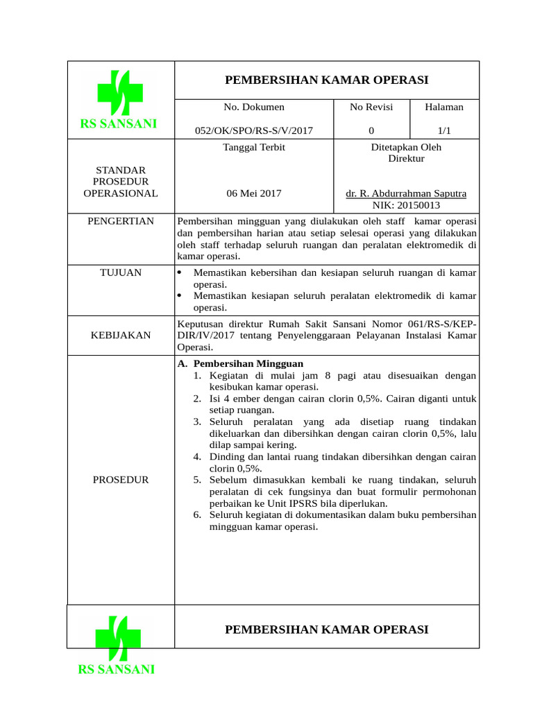 52.spo Pembersihan Kamar Operasi | PDF