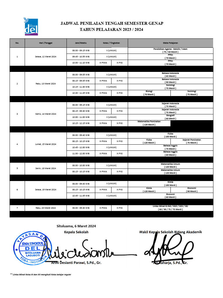 Jadwal Umum Penilaian Tengah Semester Genap TP 2023 - 2024 | PDF