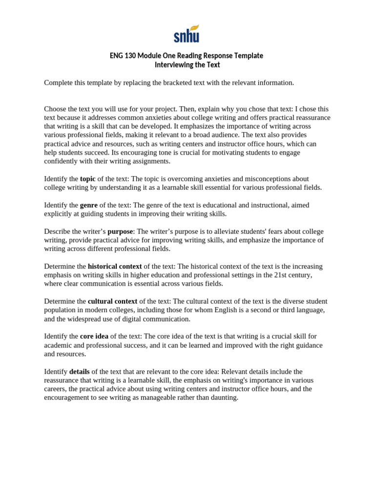 ENG 130 Module One Reading Response Template | PDF
