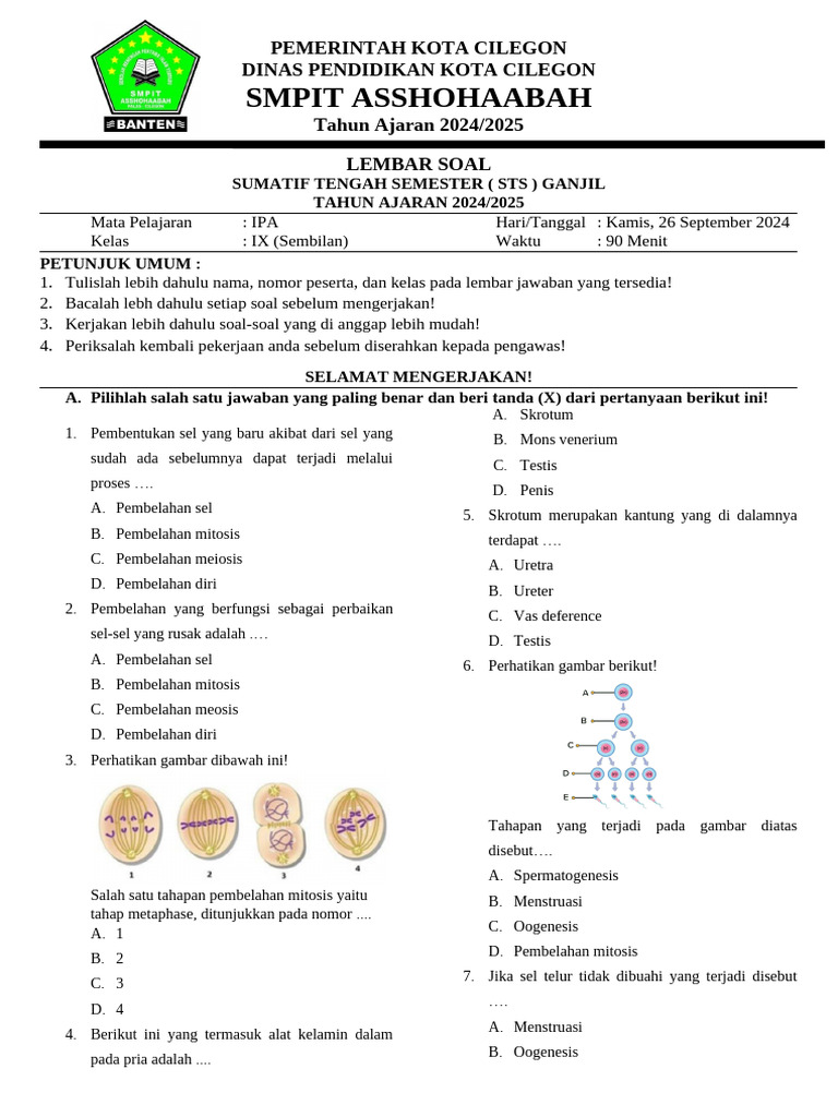Soal Pts Kls 9 Ganjil 2024 (Ipa) Assh | PDF