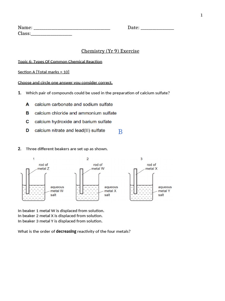 Topic 6 Exercise Common Types of Chemical Reaction | PDF
