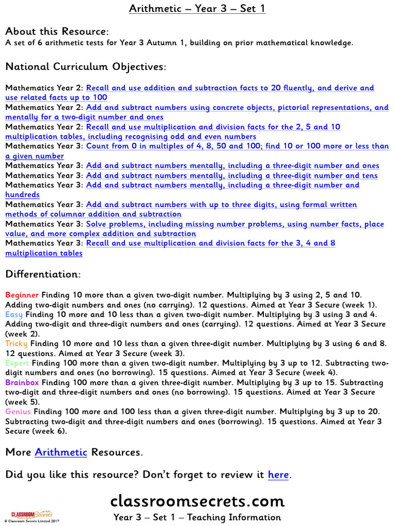 Year 3 Arithmetic Test Set 1 | PDF