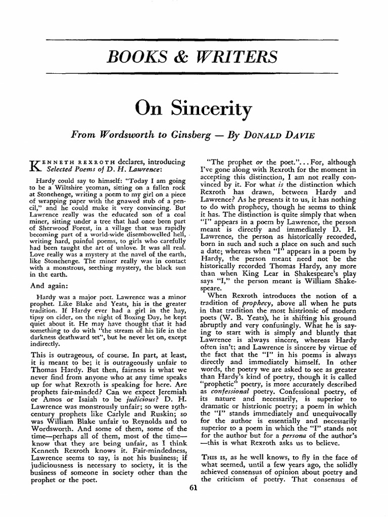 Donald Davie On Sincerity | PDF