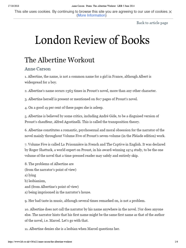 Anne Carson Poem - The Albertine Workout LRB 5 June 2014 | PDF