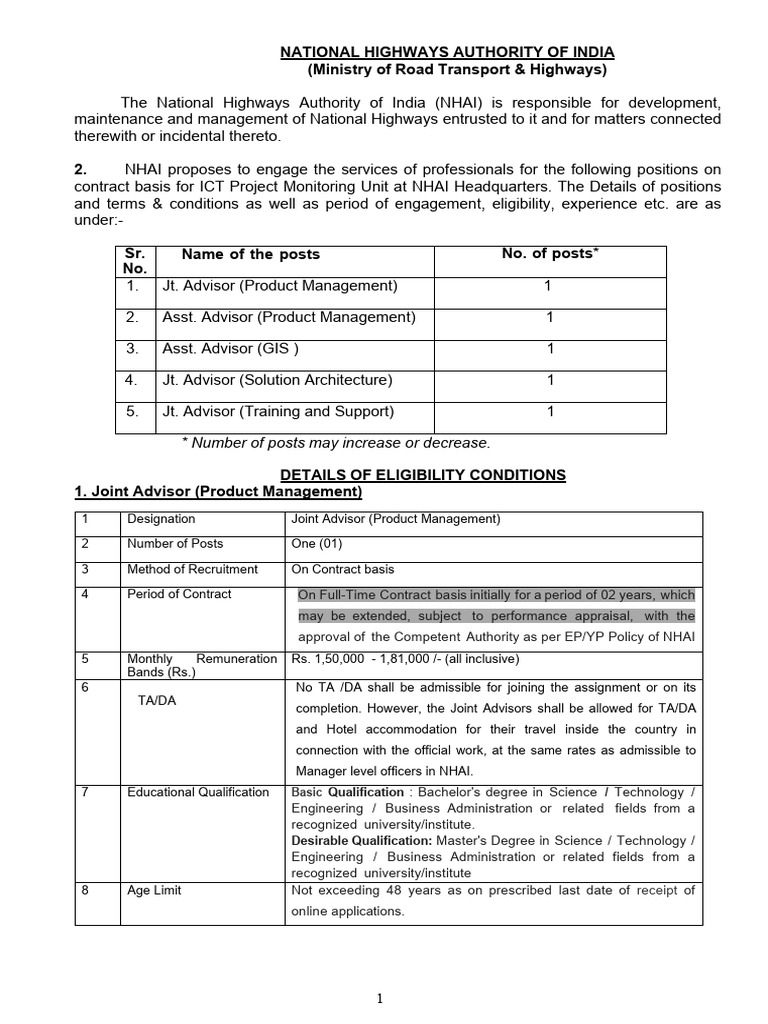 NHAI Joint Advisor and Assistant Advisor Roles in Product Management GIS Solution Architecture ...