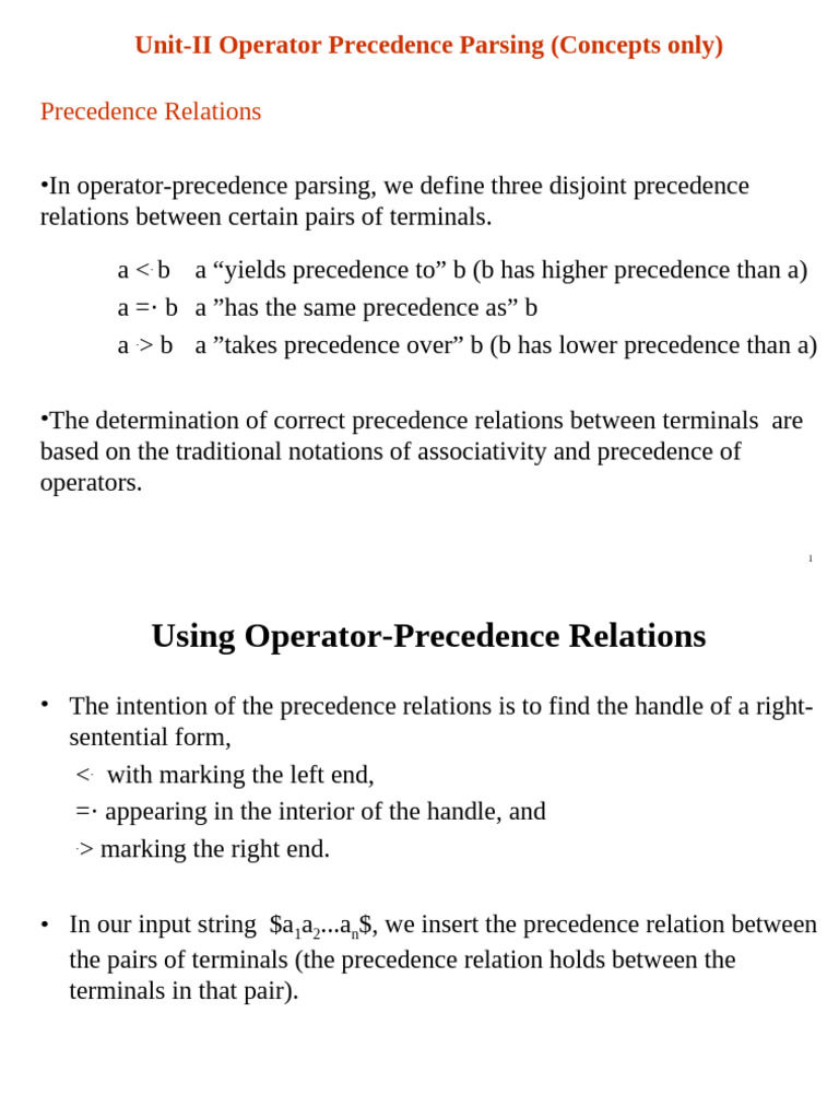 Unit-II-Operator Precedence Parser-Bottom Up Parsing | PDF