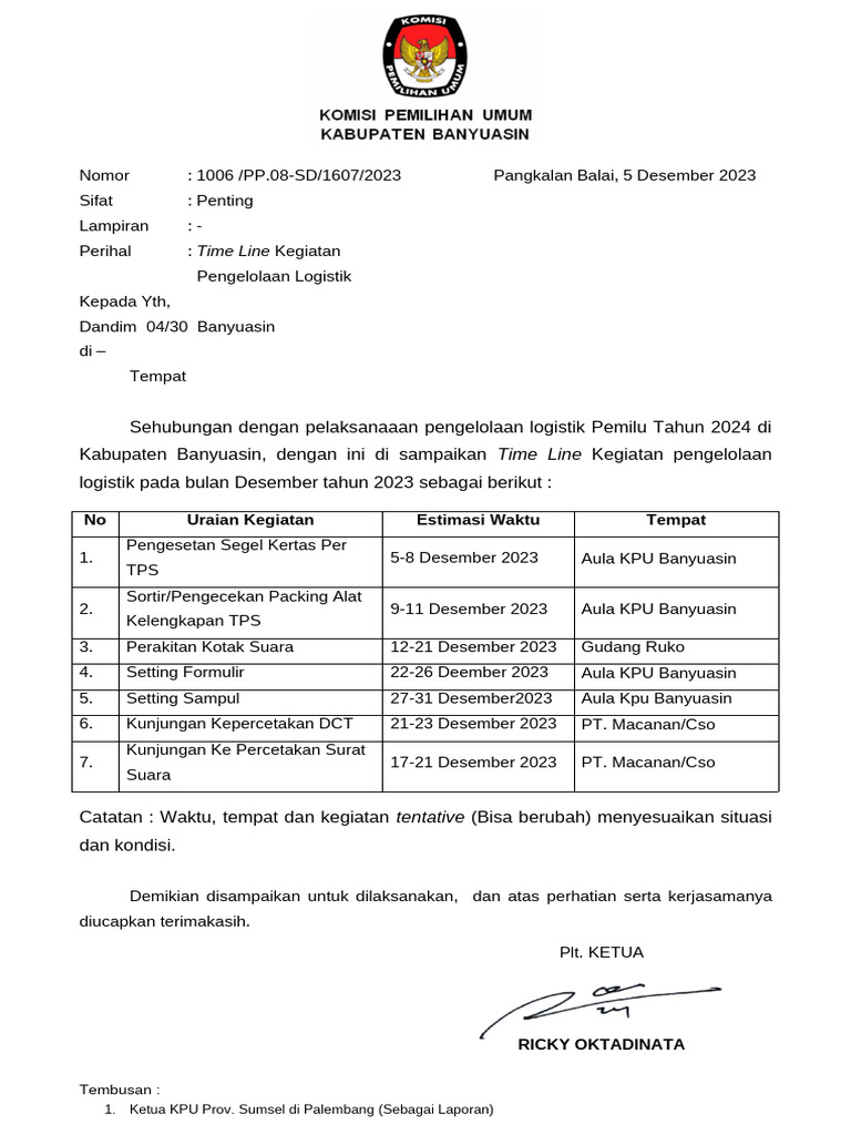 Surat Timeline Kegiatan Logistik | PDF