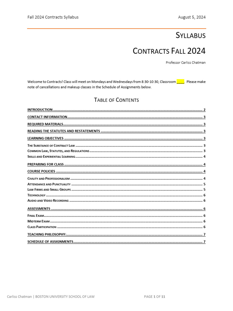 Fall 2024 Contracts Syllabus | PDF