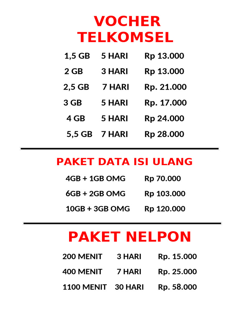 List Harga Paket All Operator | PDF