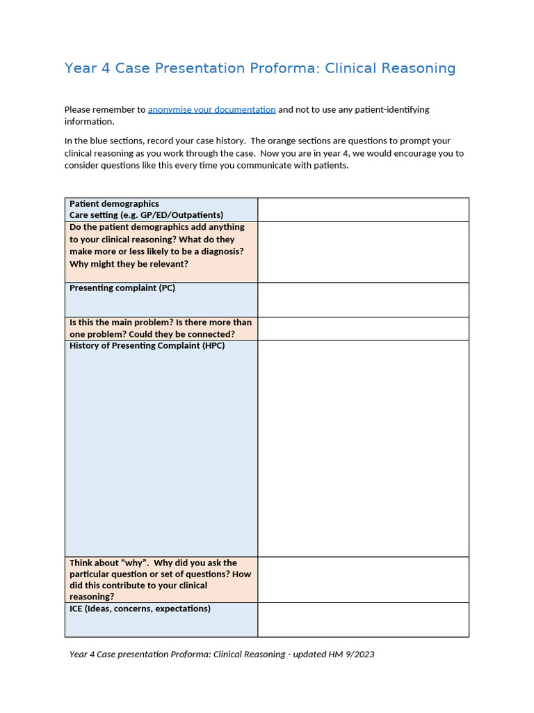 Clinical Reasoning Proforma For Case Presentations FINAL 2023.24 | PDF ...