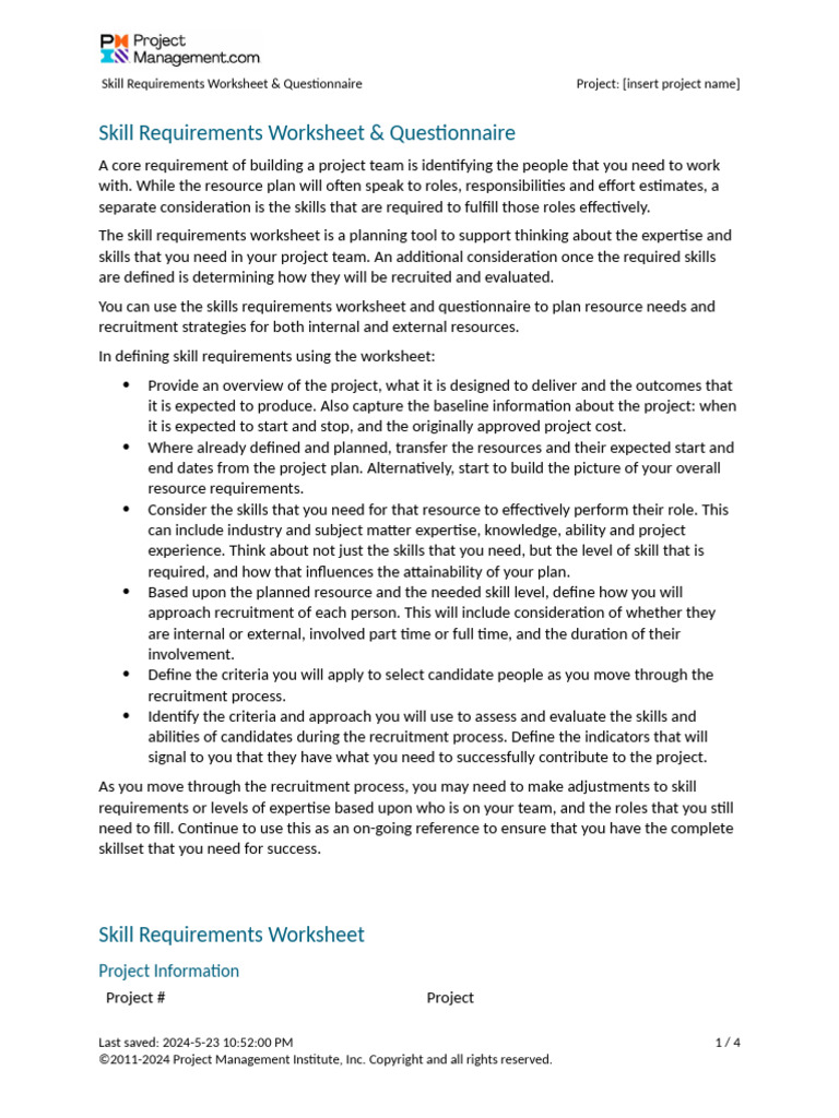 Skill Requirements Worksheet V2 | PDF | Recruitment | Business