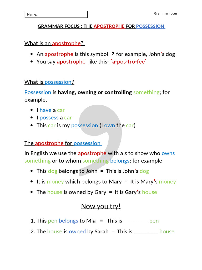 Grammar The Apostrophe For Possession Grammar Guides 115664 | PDF
