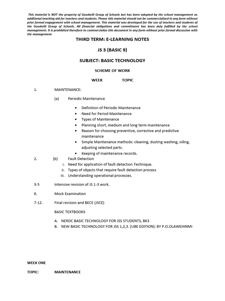 JSS3 Basic Technology Third Term Plan | PDF
