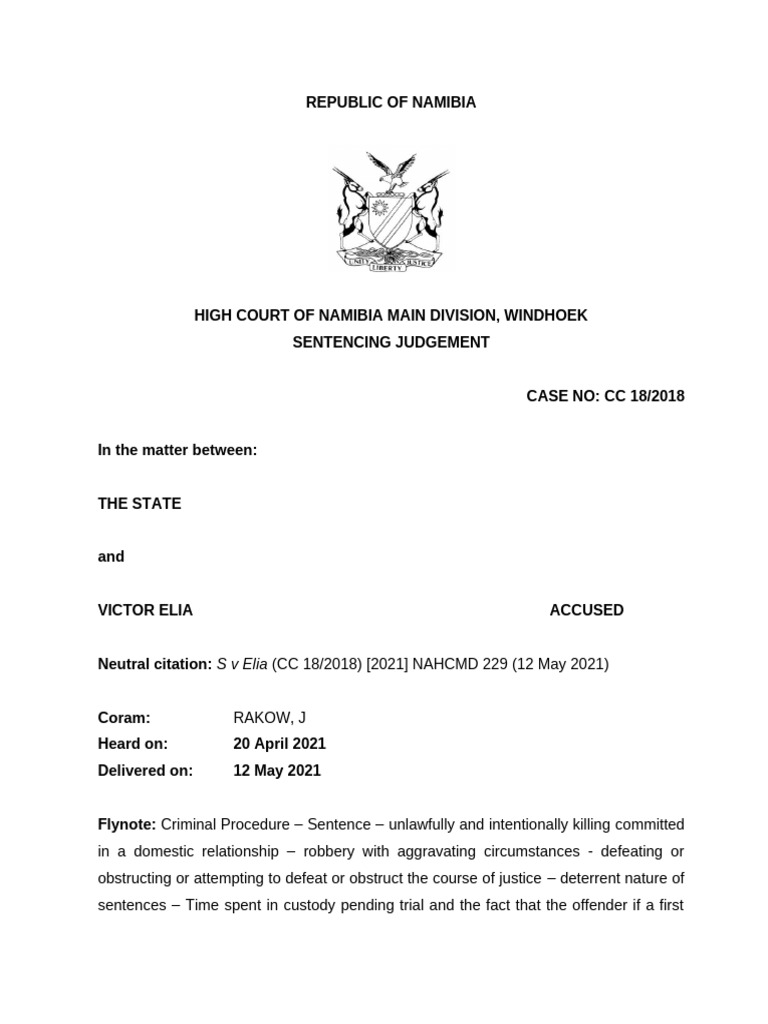 Namibia High Court Sentencing: Elia Case | PDF | Crimes | Social Science
