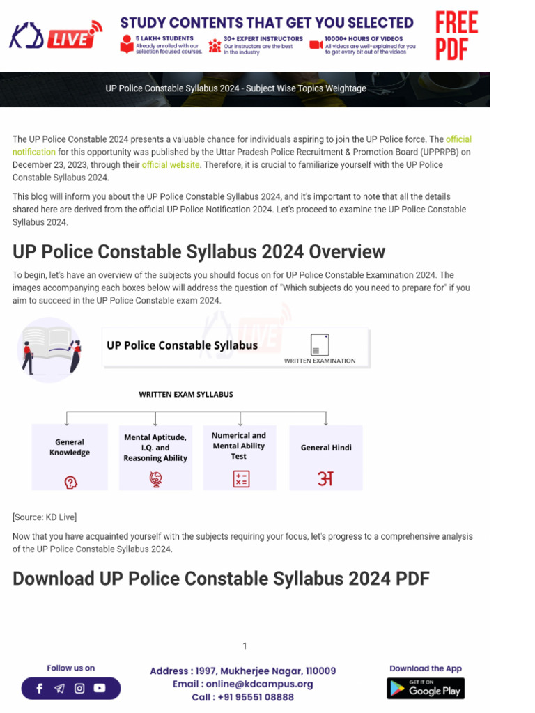 Syllabus Up Police Constable Syllabus 2024 Subject Wise Topics ...