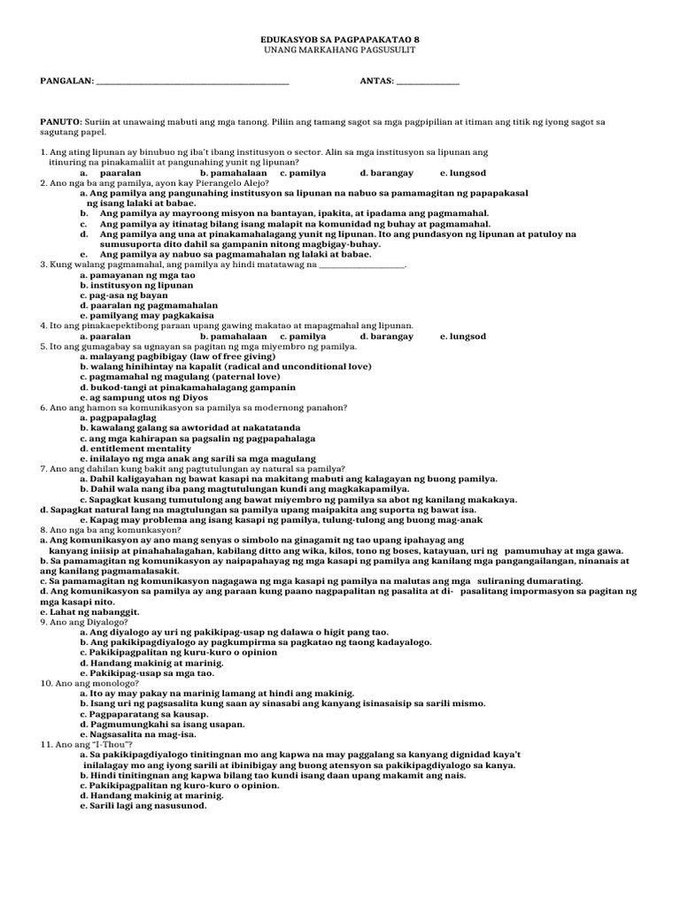 Esp Grade 8 1st Quarter Examination | PDF