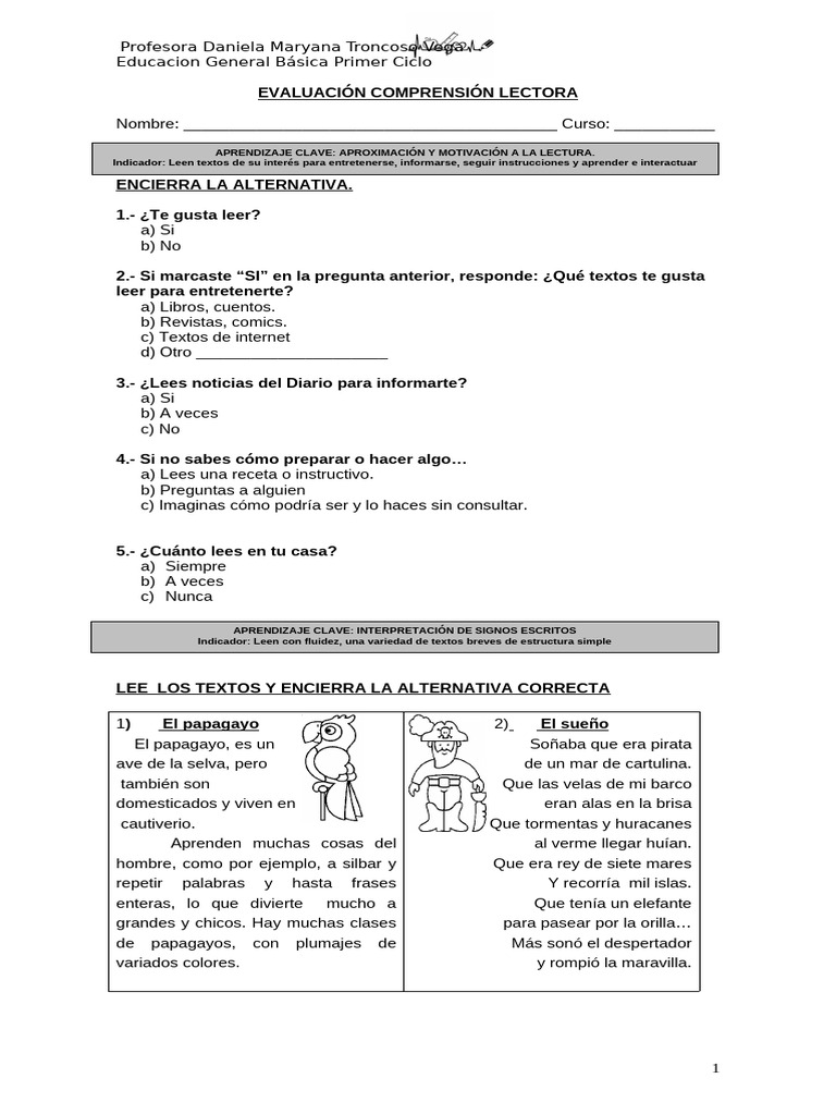 Evaluacion de Comprension Lectora | PDF