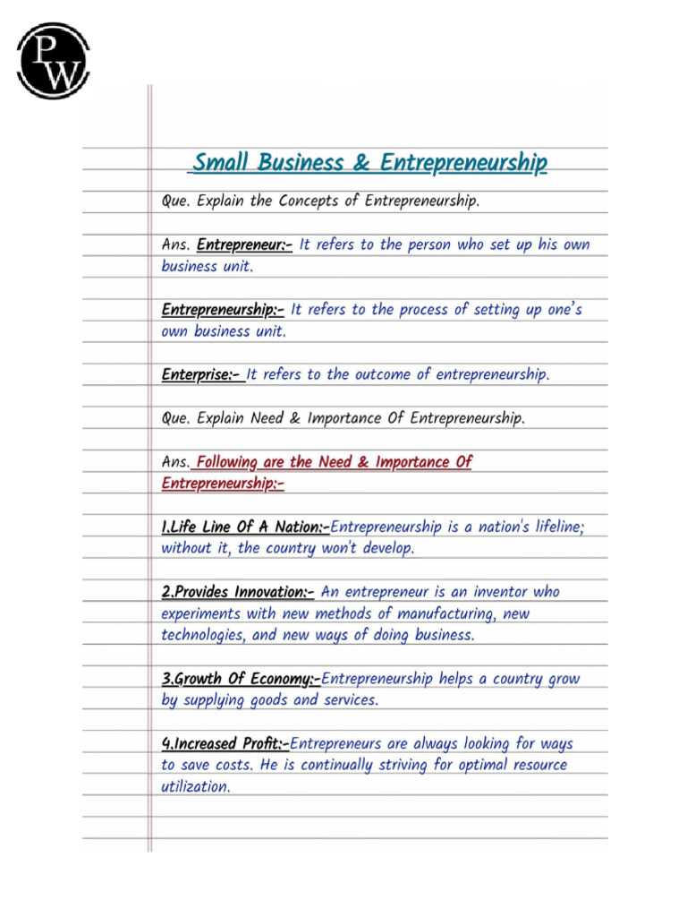 Small Business and Entrepreneurship - Handwritten Notes - (Aarambh 2.0 ...