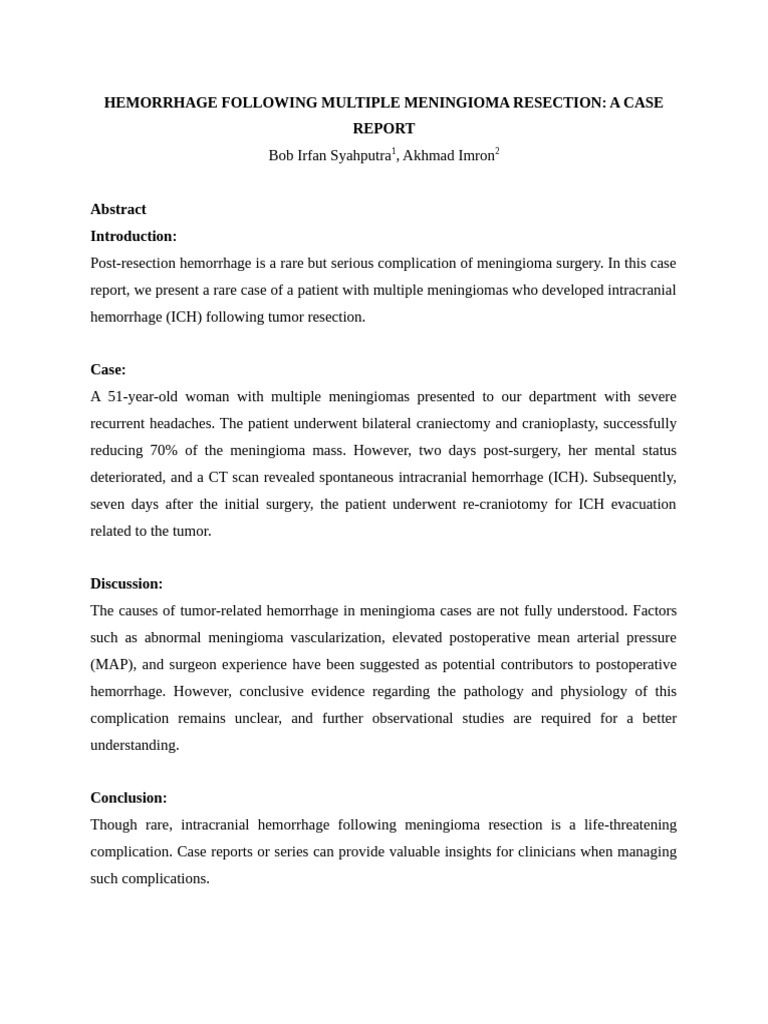 Abstract Case Report PERDARAHAN POST RESEKSI MENINGIOMA MULTIPEL | PDF