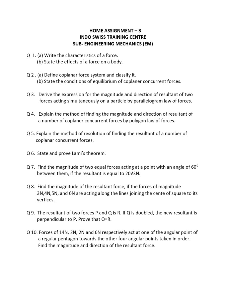 Home Assignment - 3 Indo Swiss Training Centre Sub-Engineering Mechanics (Em) | PDF