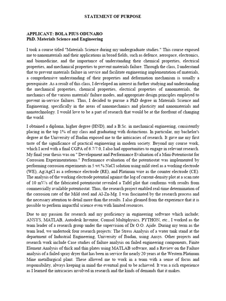 Statement of Purpose - Bola Pius Odunaro | PDF