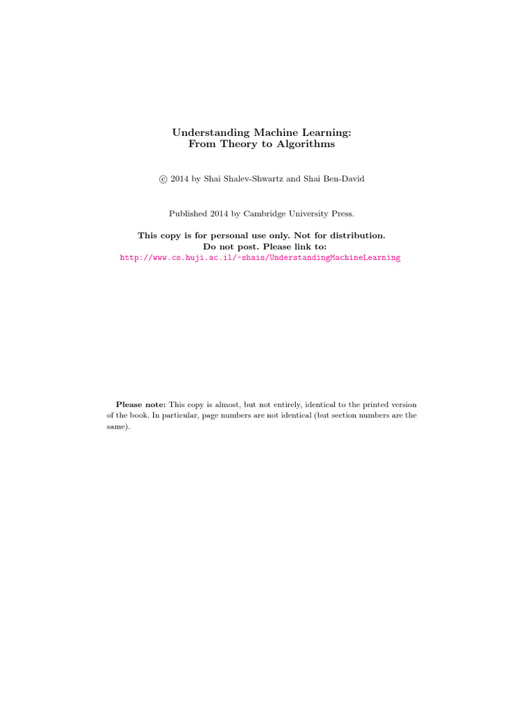 Understanding Machine Learning From Theory To Algorithms by Shai Ben-David and Shai Shalev ...