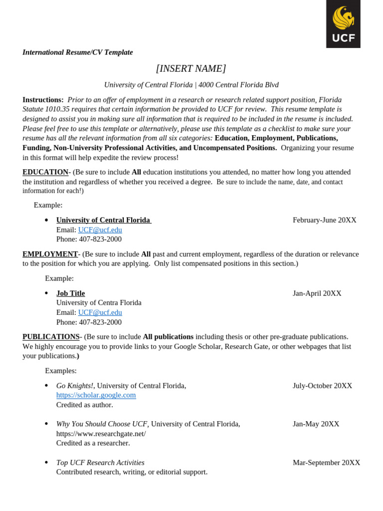 UCF International CV Resume Template Updated June 2022 2 | PDF