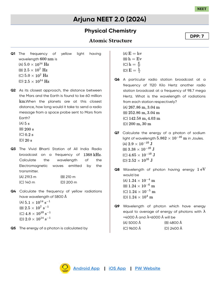 Atomic Structure Dpp 07 Of Lec 11 Arjuna Neet 2 0 2025 Pdf