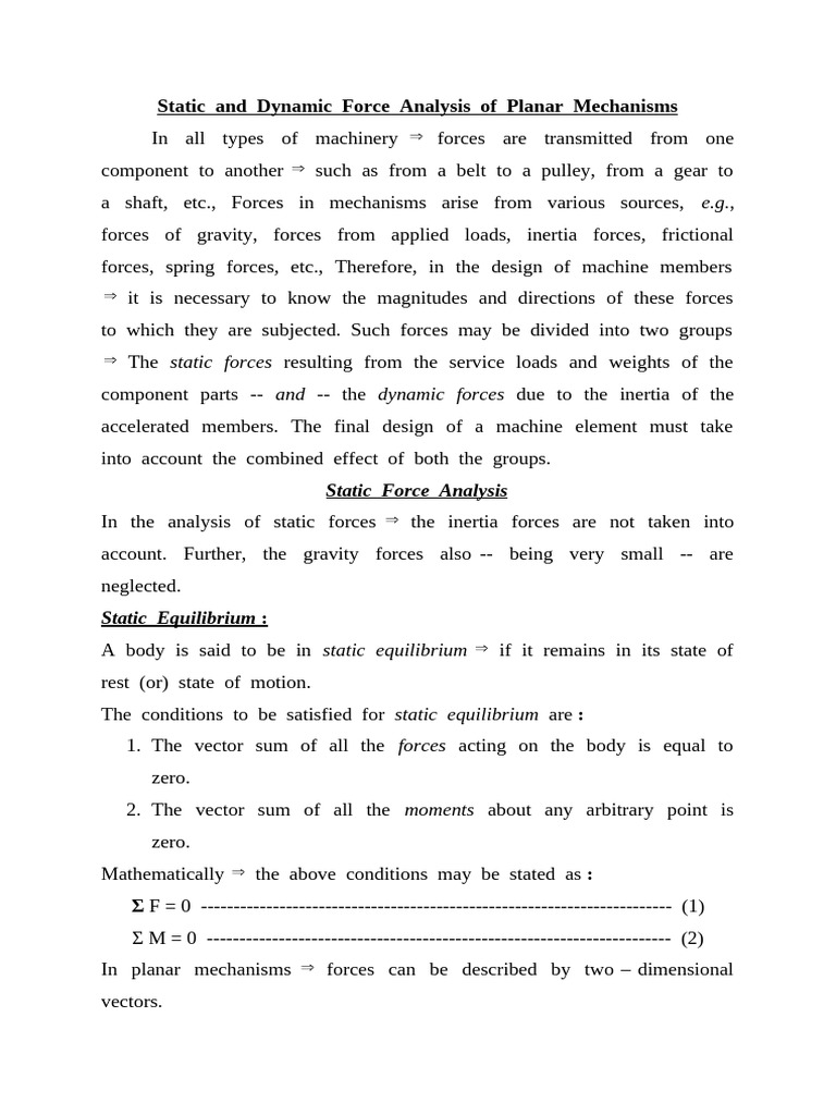 Static and Dynamic Force Analysis of Planar Mechanisms | PDF | Force | Motion (Physics)