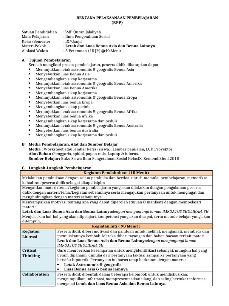 RPP 1 Lembar IPS Kelas 9 k13 | PDF