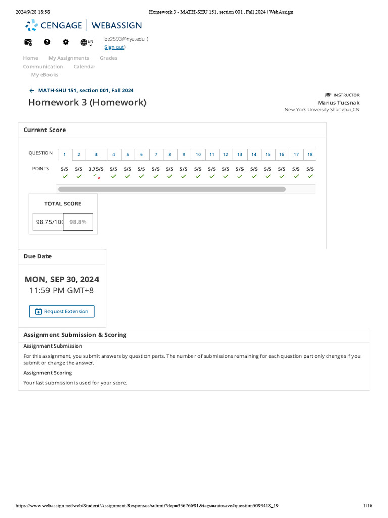 Homework 3 - MATH-SHU 151, Section 001, Fall 2024 - WebAssign | PDF