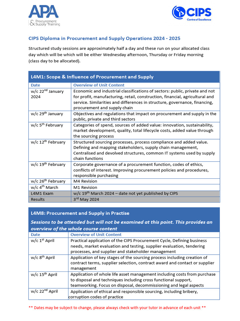 APA CIPS Detailed Course Timetable Diploma 2024 25 - January 24 Term - FINAL 1 | PDF