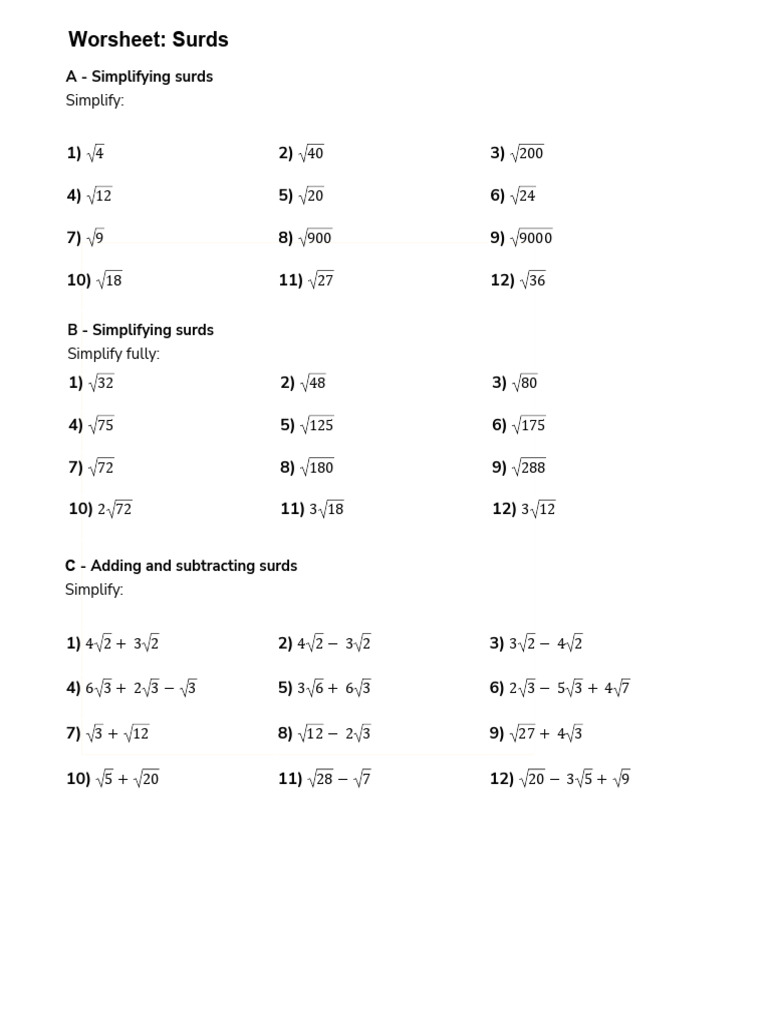 Worksheet Surds | PDF
