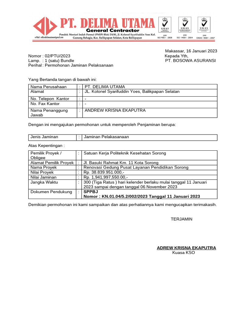 Permohonan Jaminan Pelaksanaan Pt. Delima | PDF