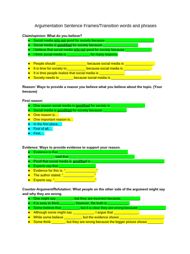 Argumentation Sentence Frames - Transition Words and Phrases | PDF