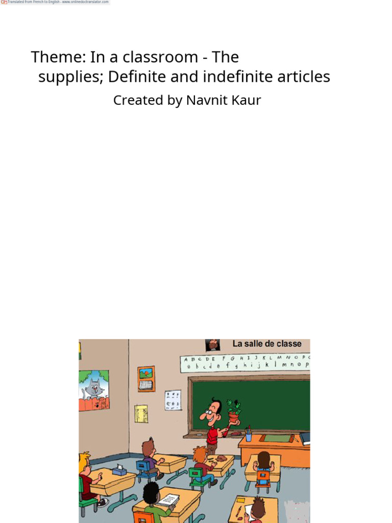Theme: in A Classroom - The Supplies Definite and Indefinite Articles | PDF