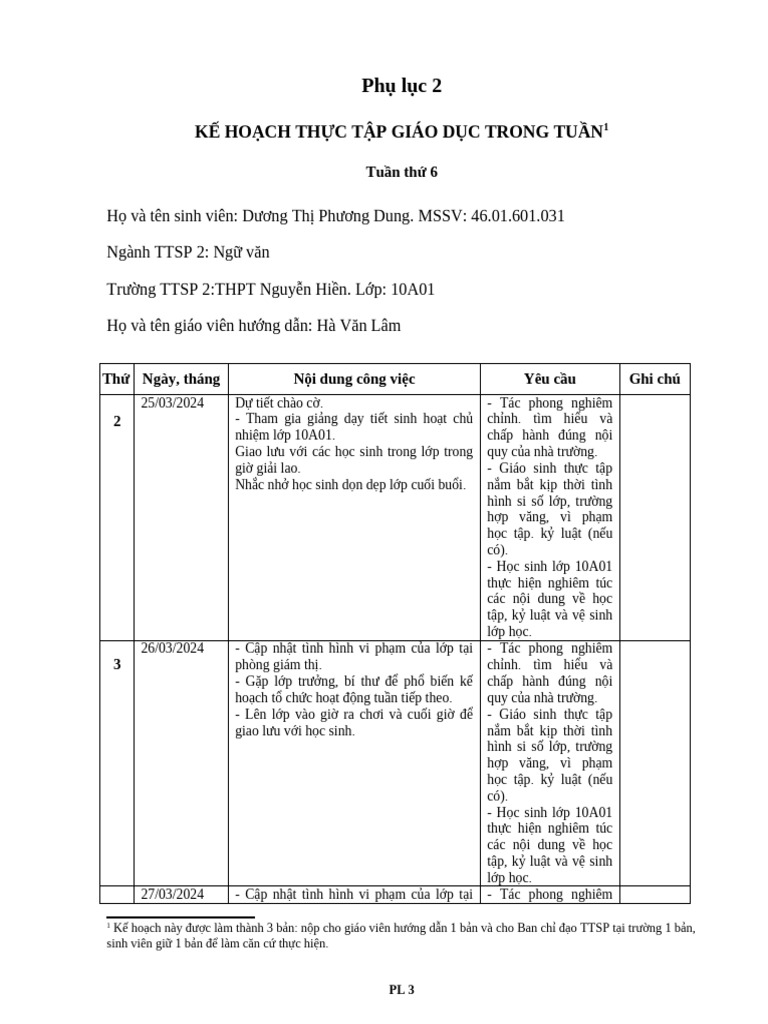 Phu Luc 2 - KeHoachThucTapGiaoDuc - Tuan 6 | PDF