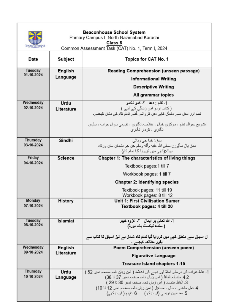 Class 6, CAT 1 Timetable | PDF