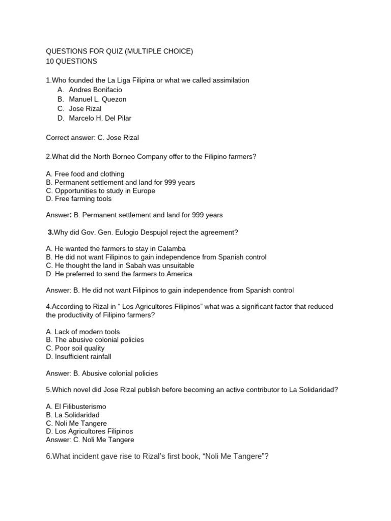 Questions For Quiz (Multiple Choice) | PDF