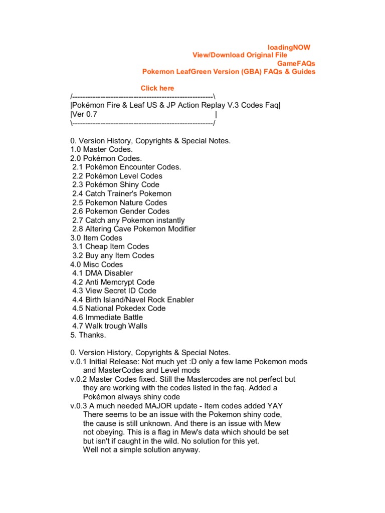 Pokemon LeafGreen Version GPSP Codes | PDF