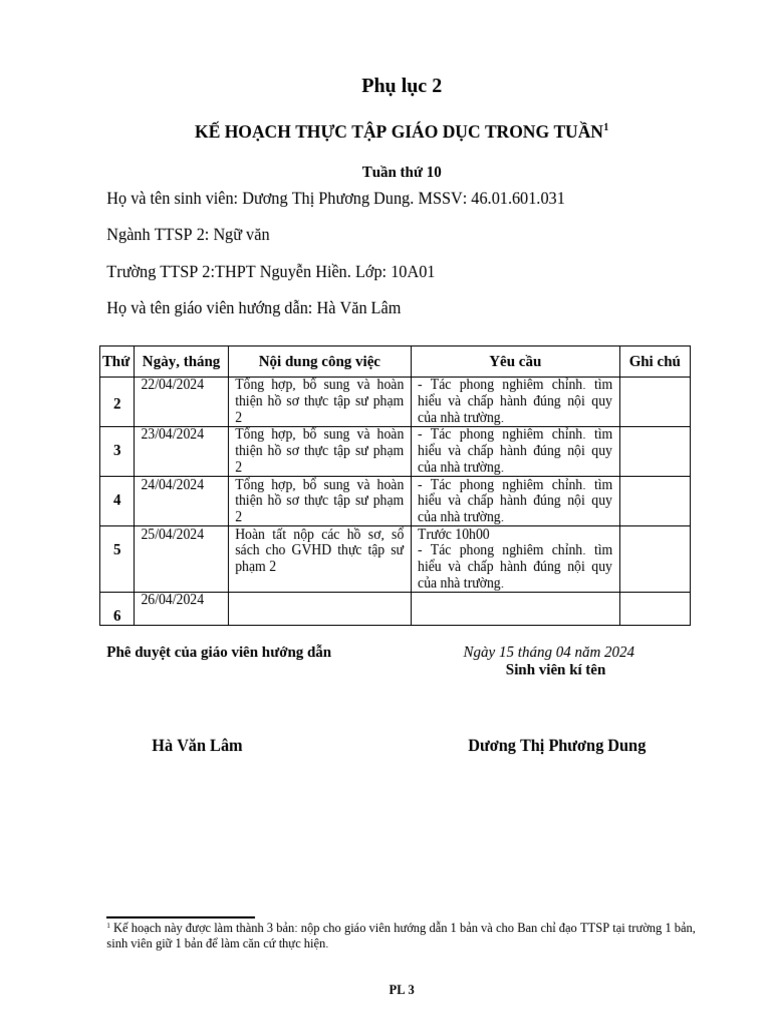 Phu Luc 2 - KeHoachThucTapGiaoDuc - Tuan 10 | PDF
