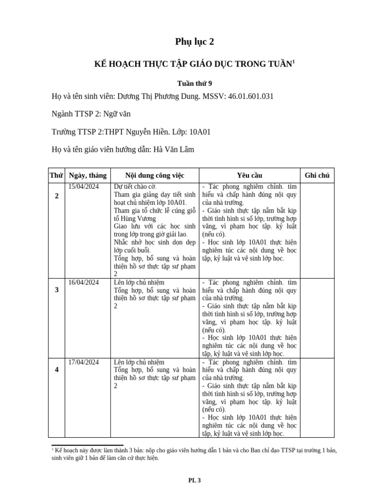 Phu Luc 2 - KeHoachThucTapGiaoDuc - Tuan 9 | PDF