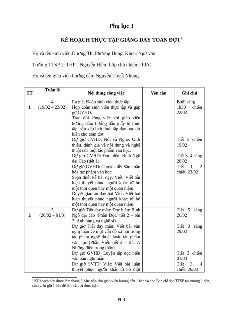 Phu Luc 3 KeHoachThucTapDayHoc ToanDot | PDF