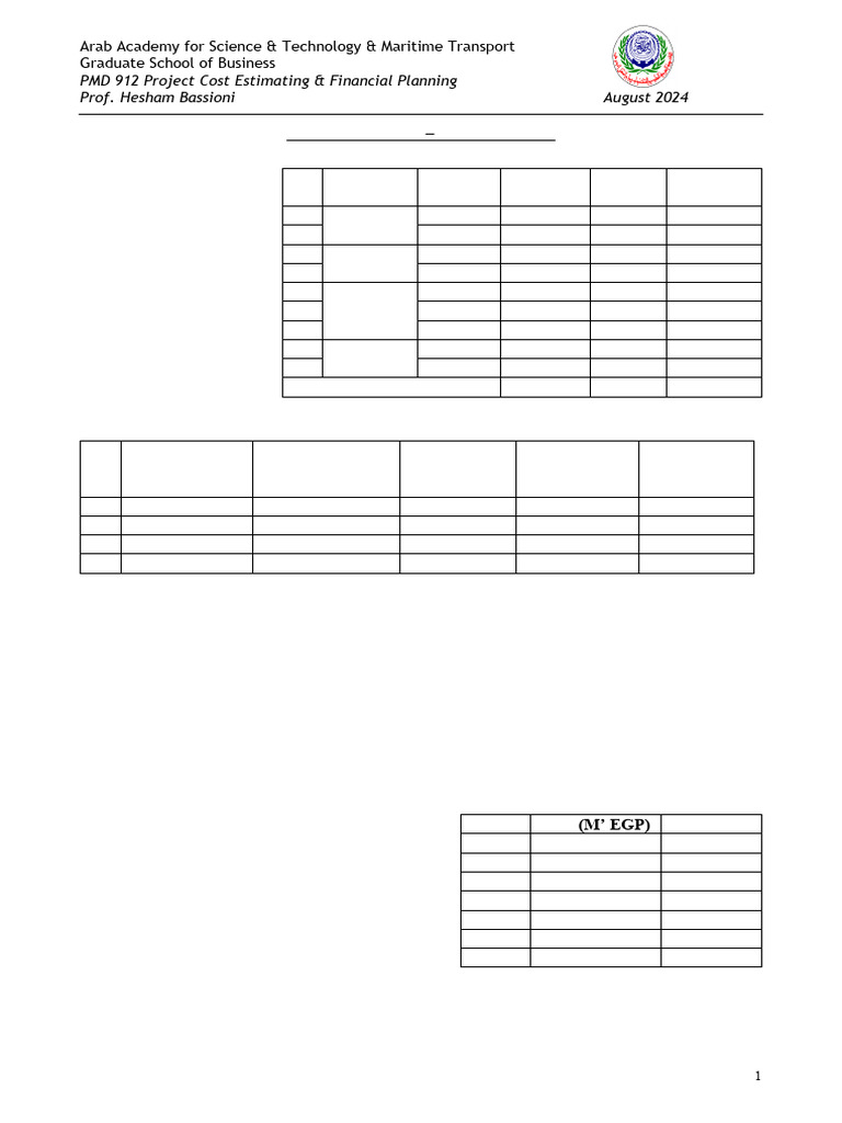 Problem Sets and Term Project MBA PMD 912 Project CE Aug2024 R1 | PDF