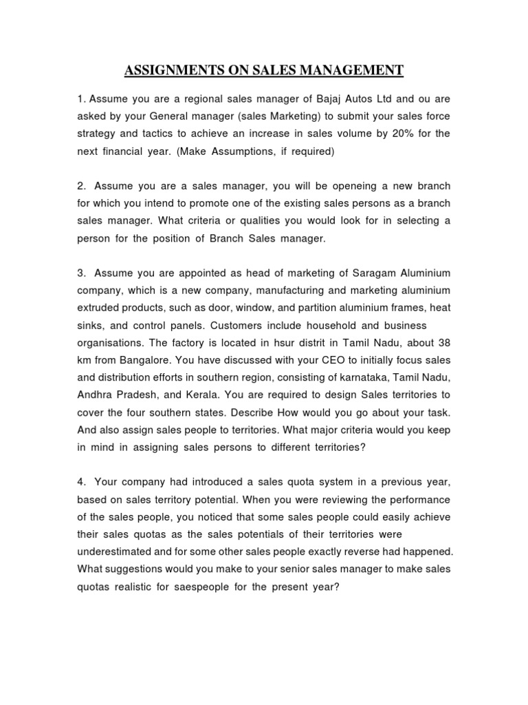 Assignments On Sales Management | PDF | Sales | Marketing