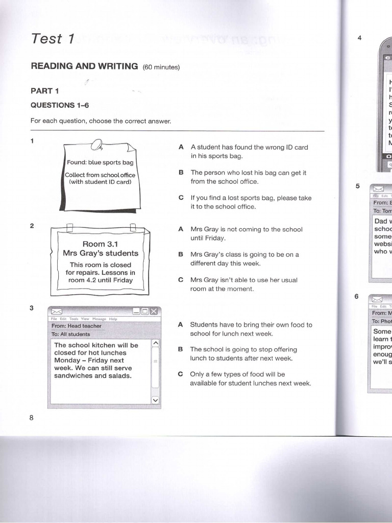 Key For Schools 1 - Test 1 - Reading and Writing | PDF