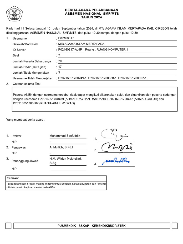 Berita Acara-ANBK-H2S2-Numerasi Dan Survei Lingkungan Belajar | PDF