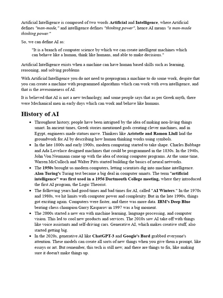 Introduction To AI, History, Applications and Types of AI | PDF