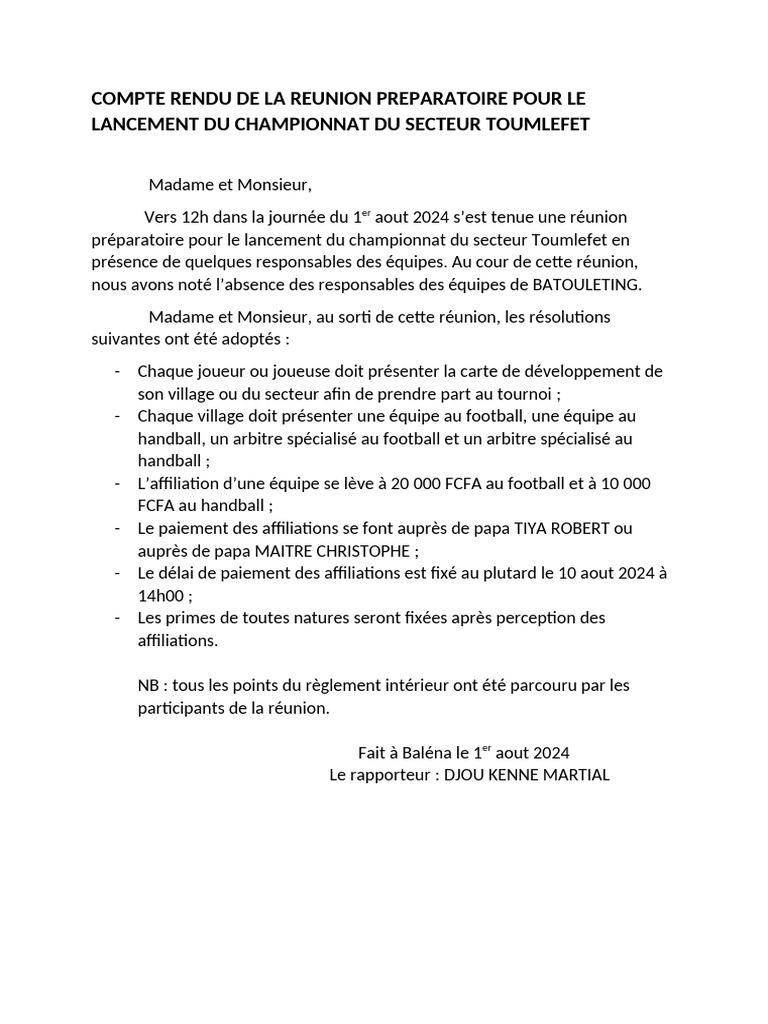 Compte Rendu de La Reunion Preparatoire Pour Le Lancement Du ...