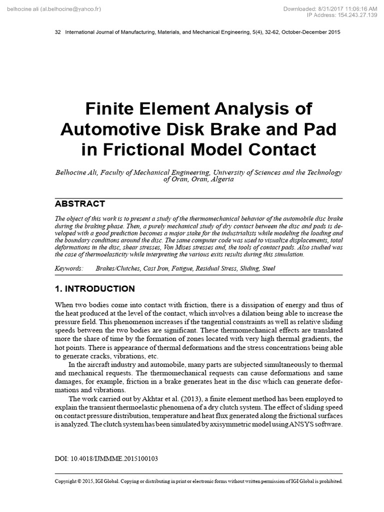 Finite Element Analysis Of Automotive Disk Brake And Pad In Frictional Model Contact Pdf